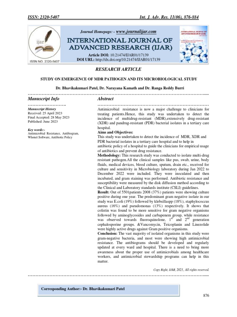 STUDY ON EMERGENCE OF MDR PATHOGEN AND ITS MICROBIOLOGICAL STUDY | PDF ...