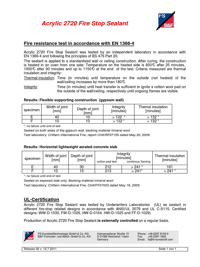Acrylic 2720 Fire Stop Sealant Test Results R02 | PDF