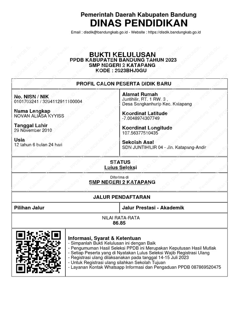 Bukti Kelulusan PPDB Tahun 2023 An. NOVAN ALIASA KYYISS (0101703241) | PDF