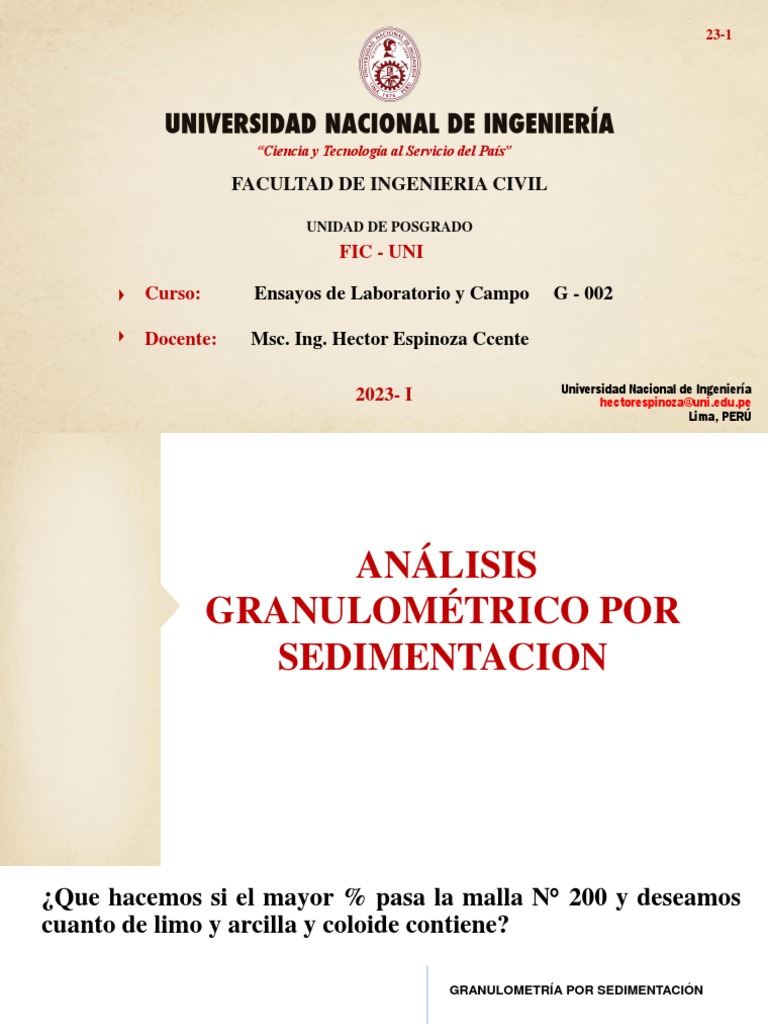 Analisis Granulometrico Por Sedimentacion Fic - Uni 2023-1 | PDF