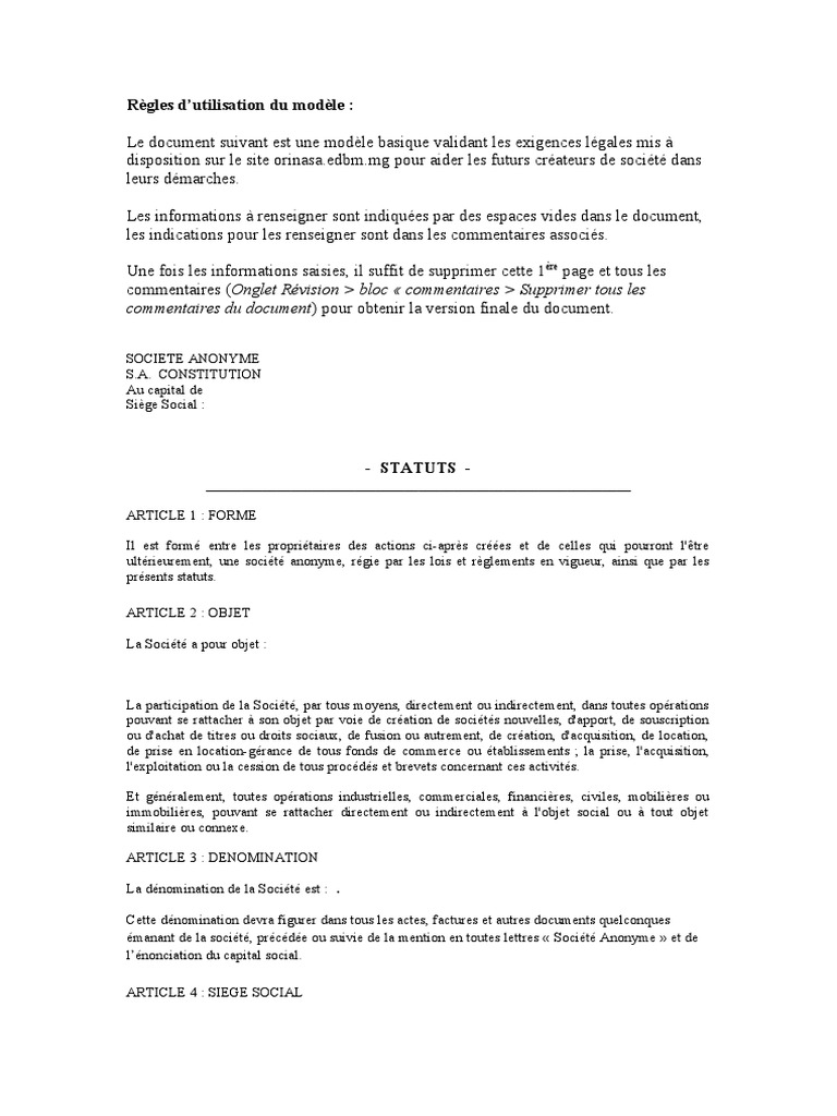 Modele Statut SA AG | PDF