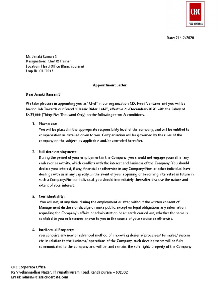 CRC Appointment Letter Goutham (Operation Manager) | PDF