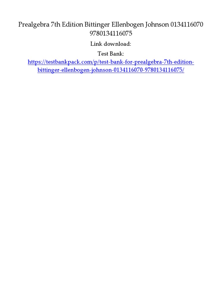 Prealgebra 7th Edition Bittinger Ellenbogen Johnson Test Bank | PDF ...