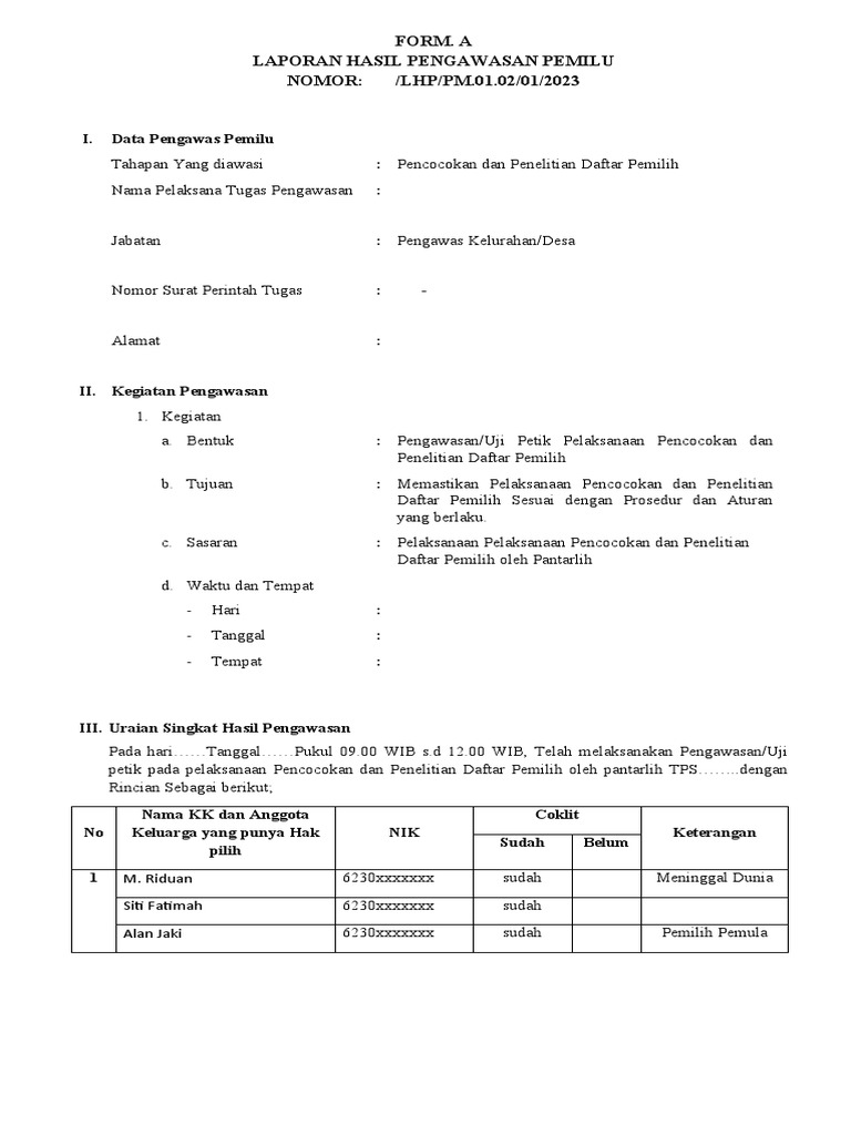 Laporan Pengawasan Pemilu Form A | PDF