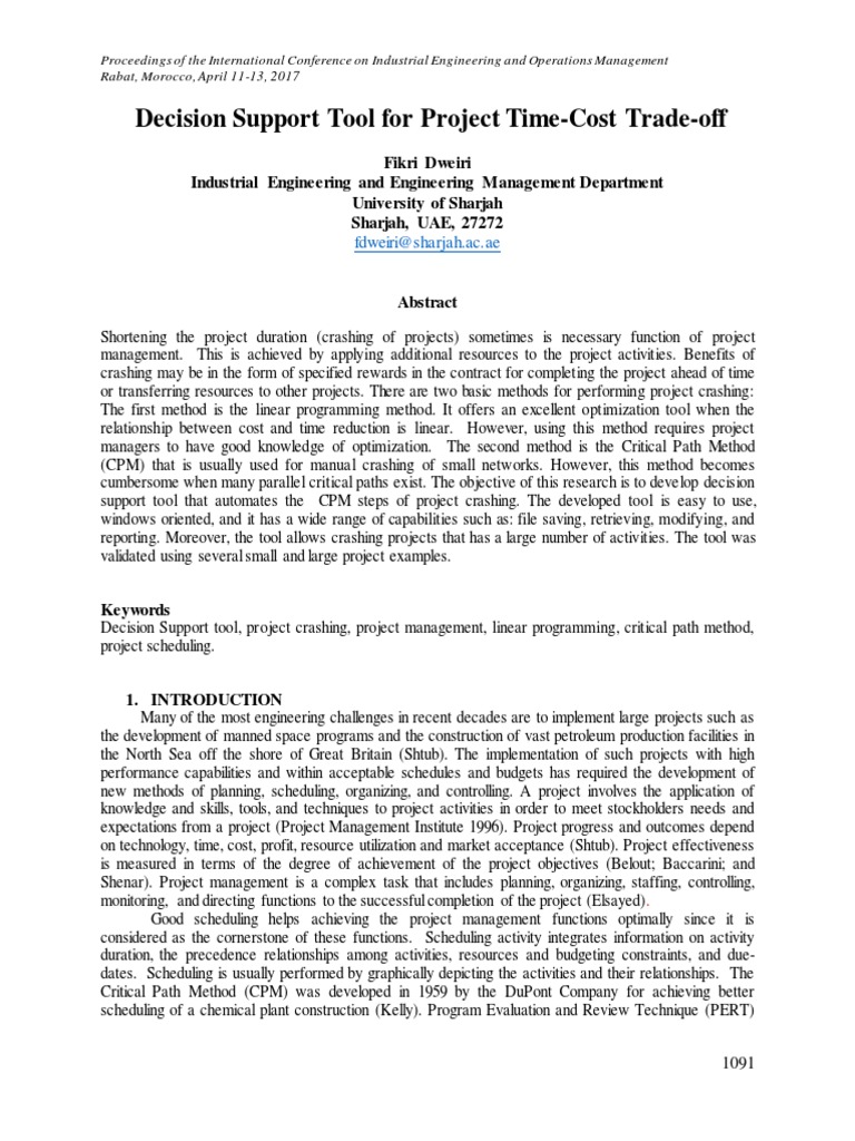 Decision Support Tool For Project Time Cost Trade Off Pdf