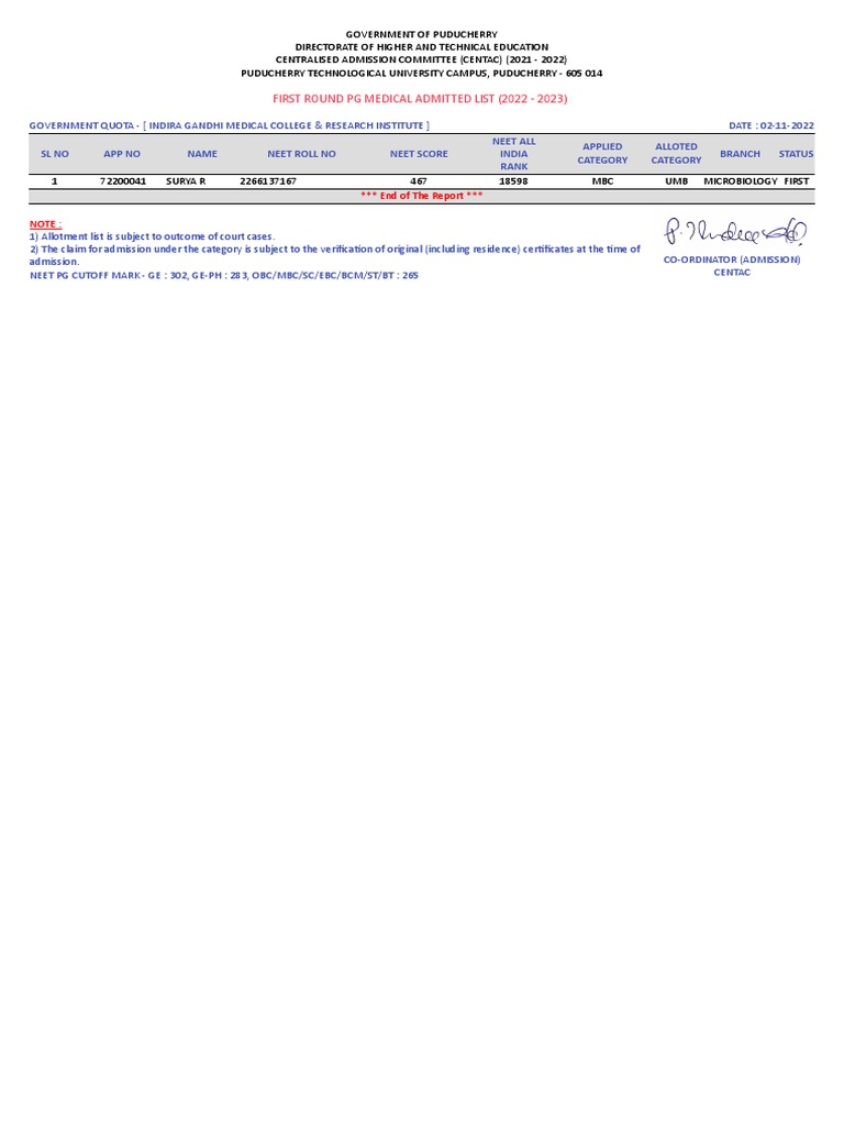 First Round PG Medical Admitted List (2022 - 2023) | PDF | Qualifications | Science Education
