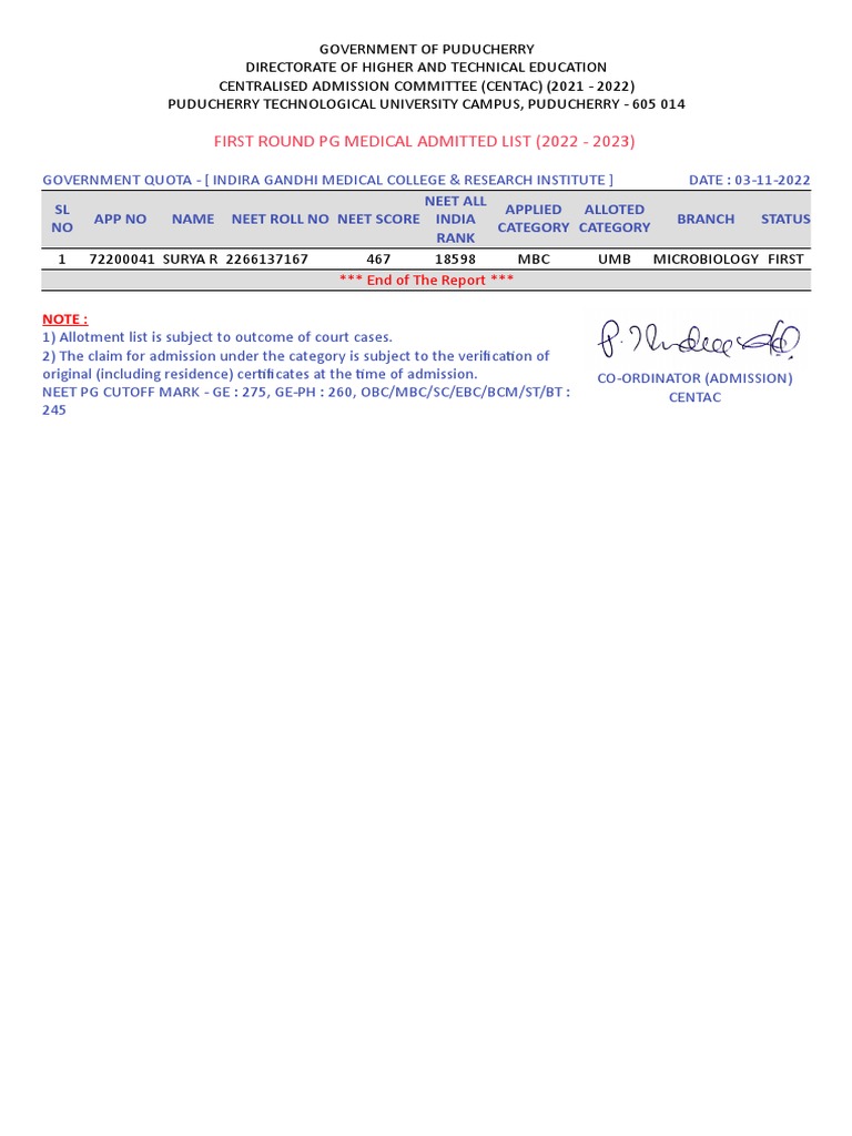 First Round PG Medical Admitted List (2022 - 2023) | PDF | Qualifications | Medicine