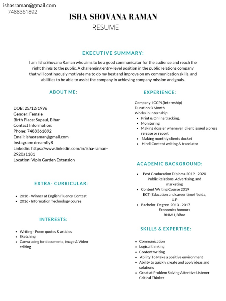 Isha Raman's Resume: PR & Communication Skills | PDF | Public Relations | Human Communication