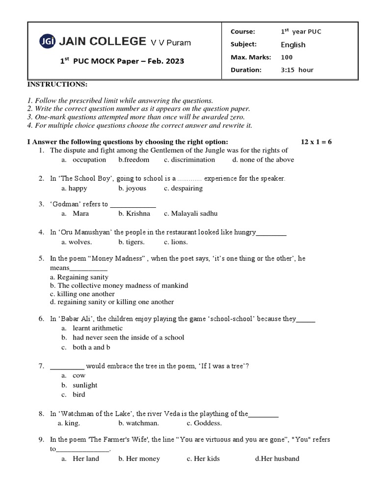 I PU English Mock Question Paper 1 | PDF | Language Arts & Discipline
