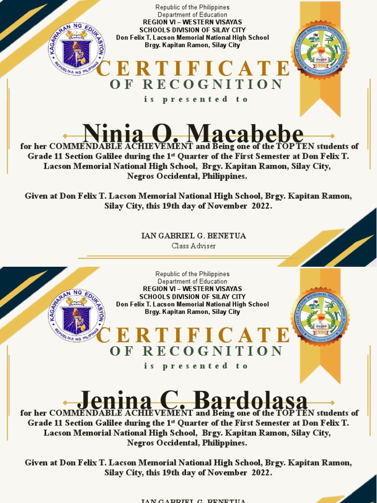 Recognition Cert for 1st Quarter Achievers | PDF