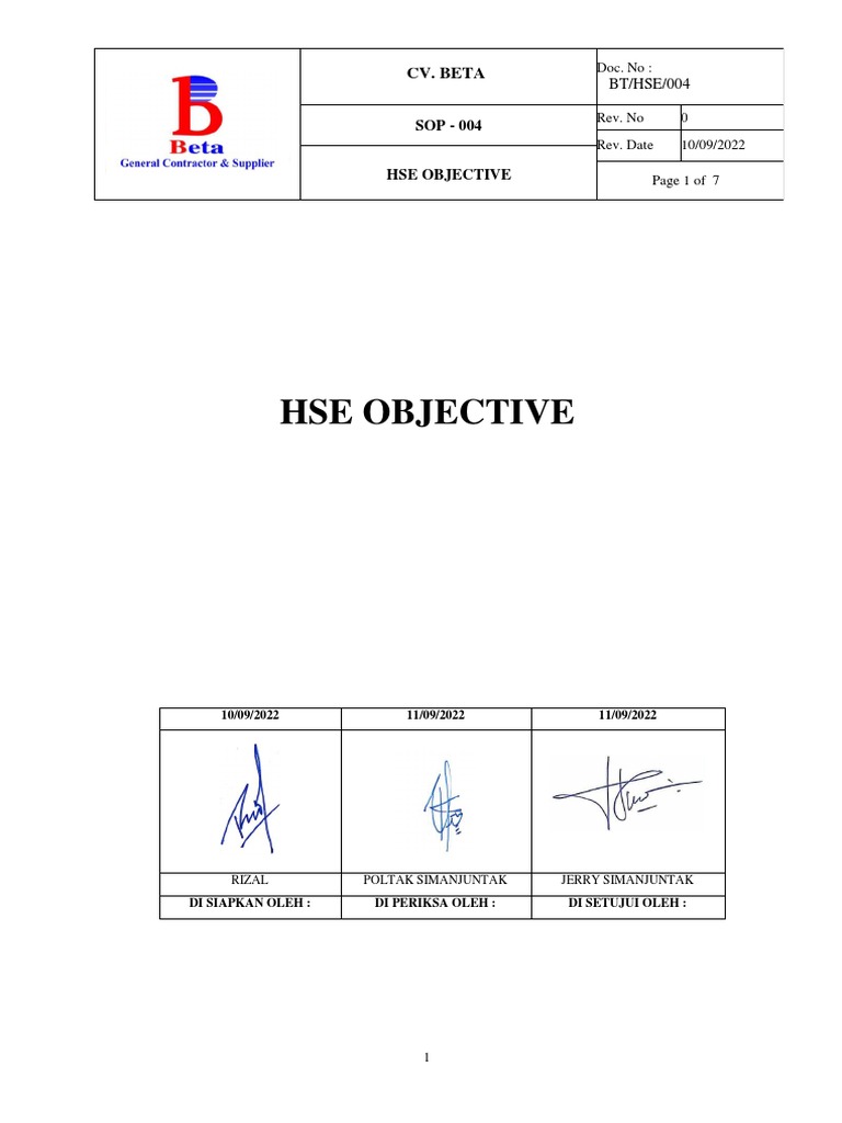 SOP-004. HSE Objective | PDF | Bisnis | Pengelolaan Keuangan & Uang