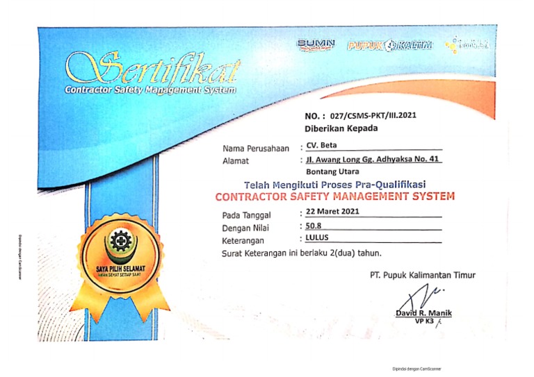 Sertifikat CSMS CV - Beta | PDF