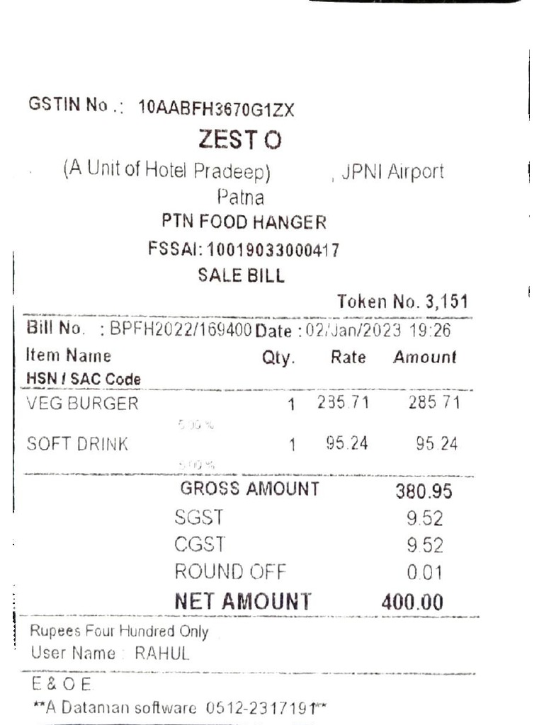Food Bill Patna Airport | PDF