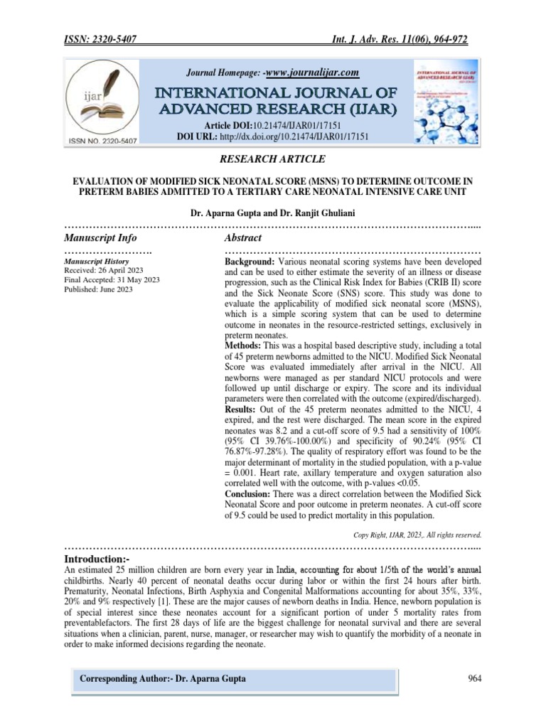 EVALUATION OF MODIFIED SICK NEONATAL SCORE (MSNS) TO DETERMINE OUTCOME ...