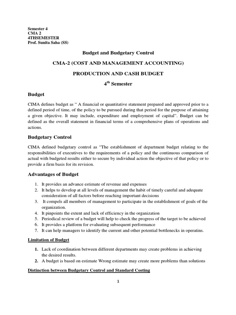 4thsem CMA 2 Budget and BudgetaryControl by SuinitaSaha 23apr2020 | PDF
