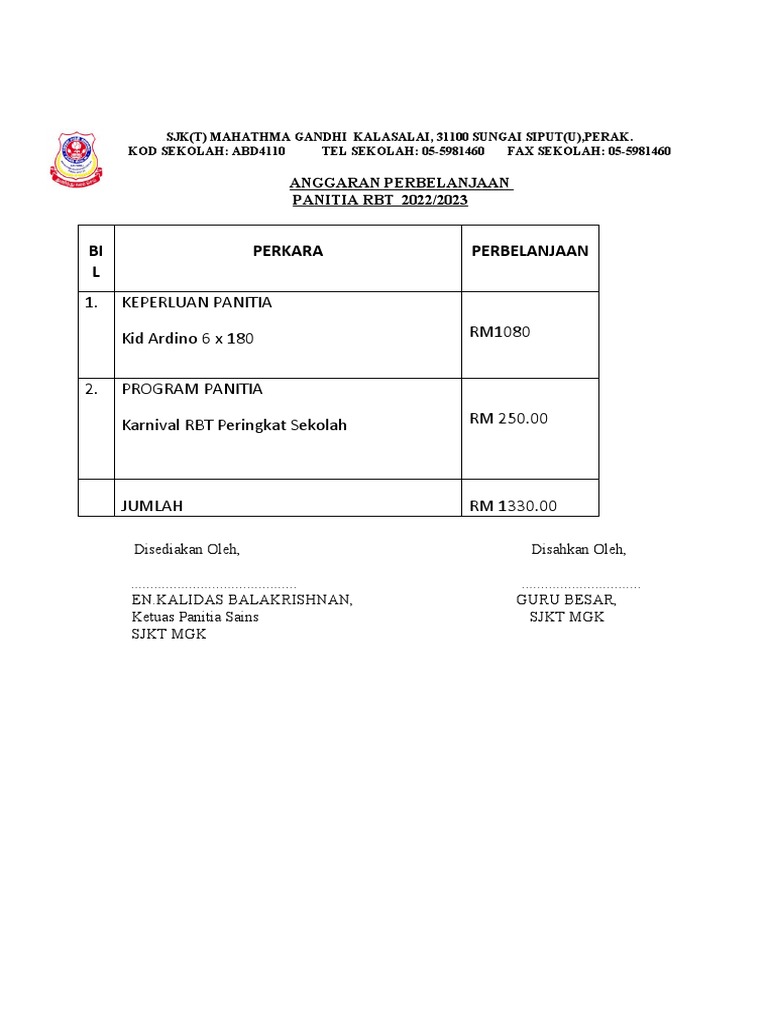 Anggaran Perbelanjaan Panitia RBT 2022 | PDF