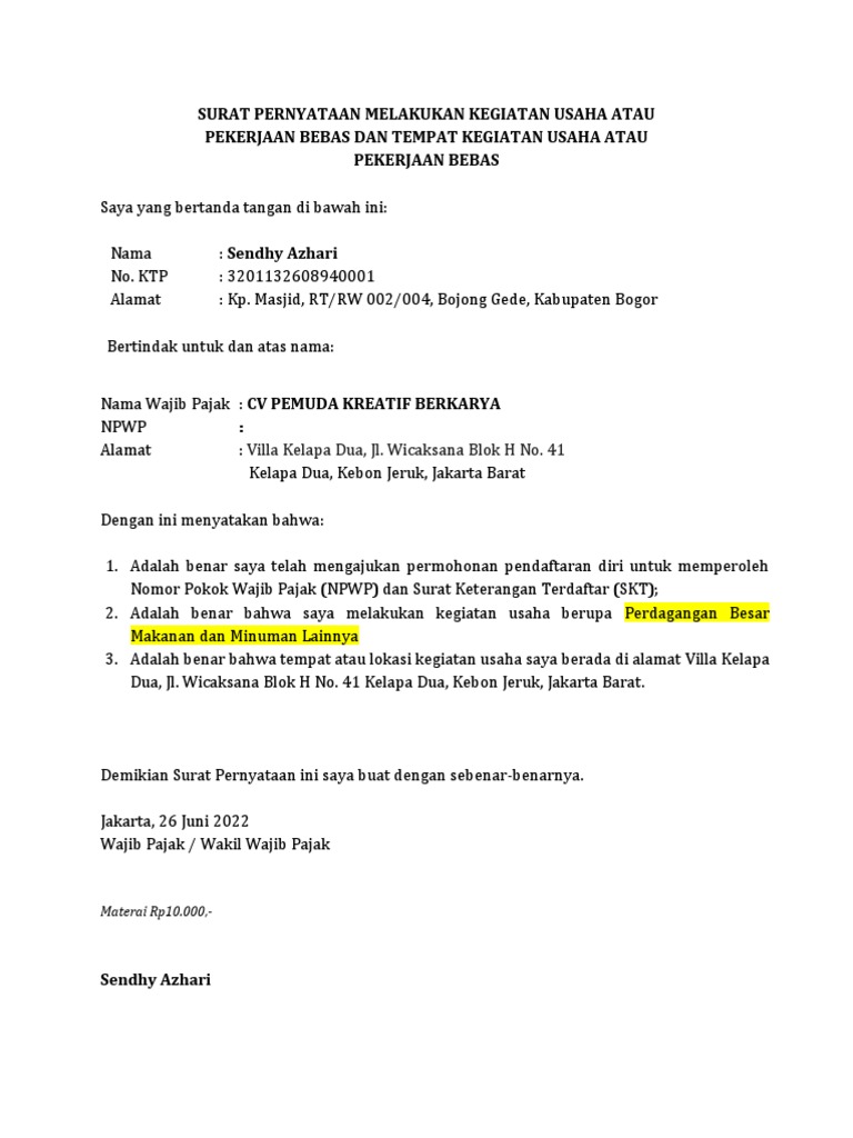 Draft Pengambilan NPWP CV Kreatif Berkarya | PDF