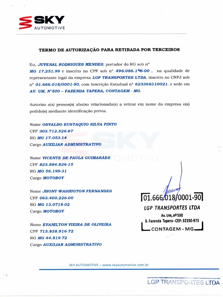 Termo de Autorização para Retirada Por Terceiros | PDF Termo de Autorização para Retirada Por Terceiros | PDF