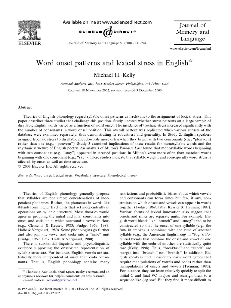 Kelly 2004 Word Onsets English Stress | PDF | Syllable | Stress ...
