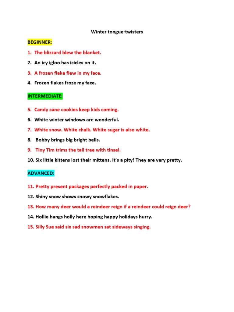 Winter Tongue Twisters | PDF