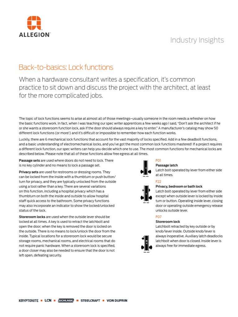 Allegion Basics of Lock Functions Article 109884 | PDF