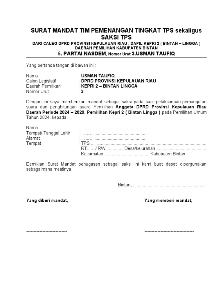 SURAT MANDAT TIM PEMENANGAN TINGKAT TPS Sekaligus SAKSI TPS | PDF