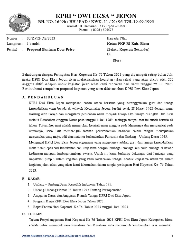 Proposal Jalan Sehat KPRI Dwi Eksa - PKP RI | PDF