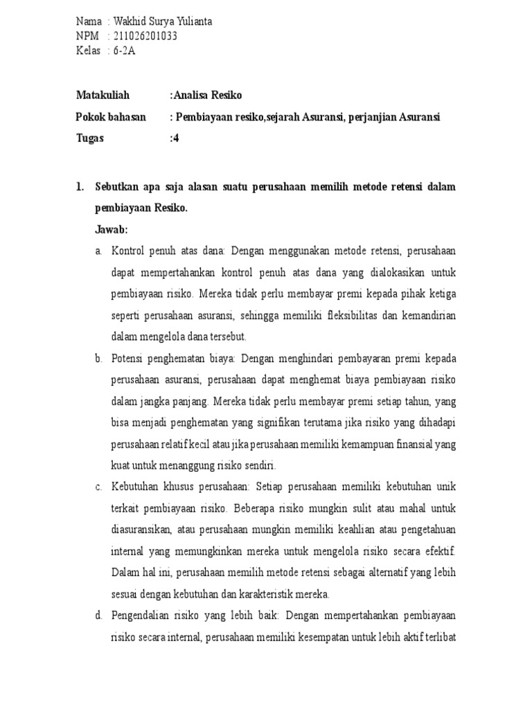 Tugas Analisa Resiko Ke 4 Wakhid Surya Yulianta NPM 211026201033 | PDF Tugas Analisa Resiko Ke 4 Wakhid Surya Yulianta NPM 211026201033 | PDF