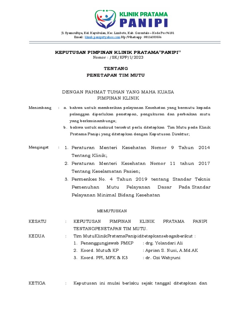 Penetapan Tim Mutu Klinik Panipi | PDF