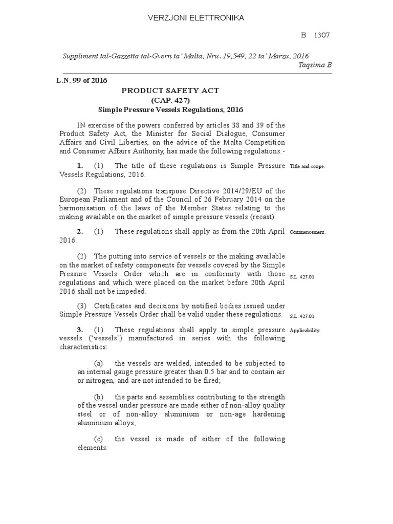 L N 99 Of 2016 Simple Pressure Vessels Regulations Pdf