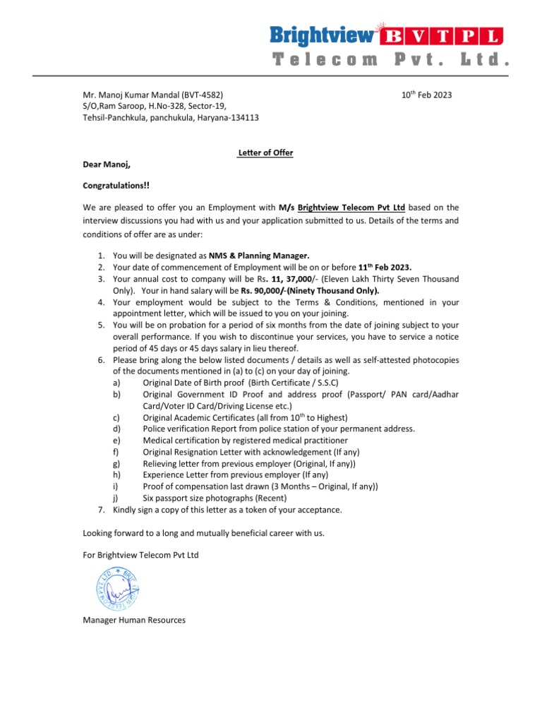 BVT - 4582 Manoj Kumar Mandal Offer Letter | PDF | Finance & Money ...