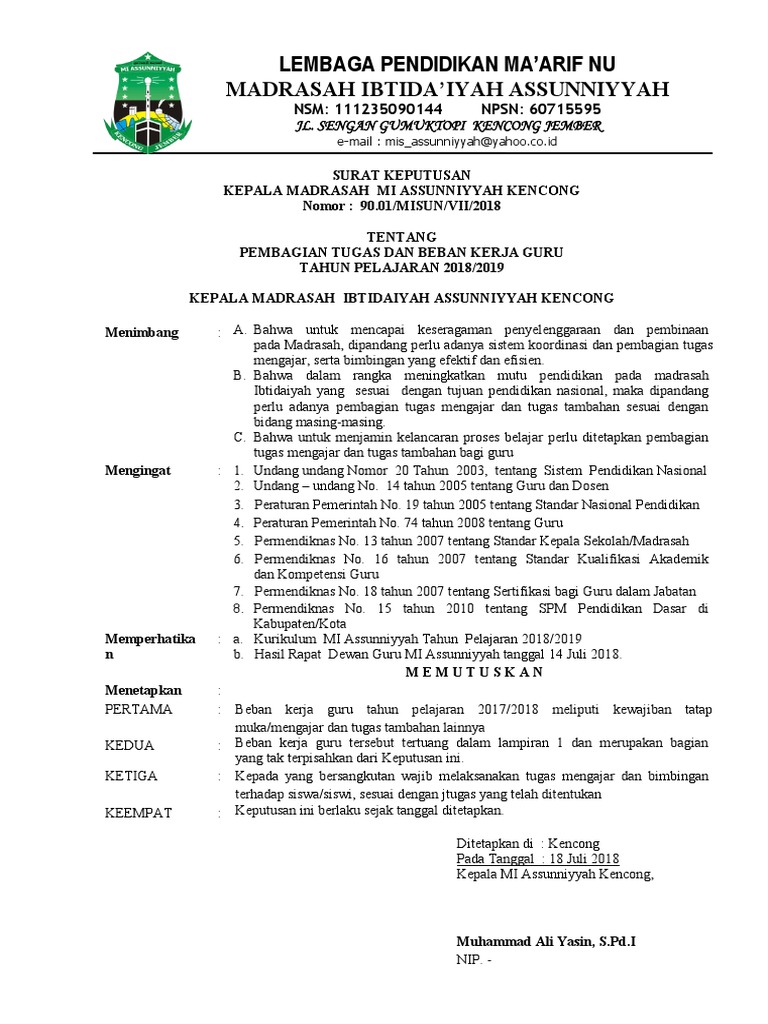 8.SK Pembagian Tugas Mengajar 2018-2019 | PDF