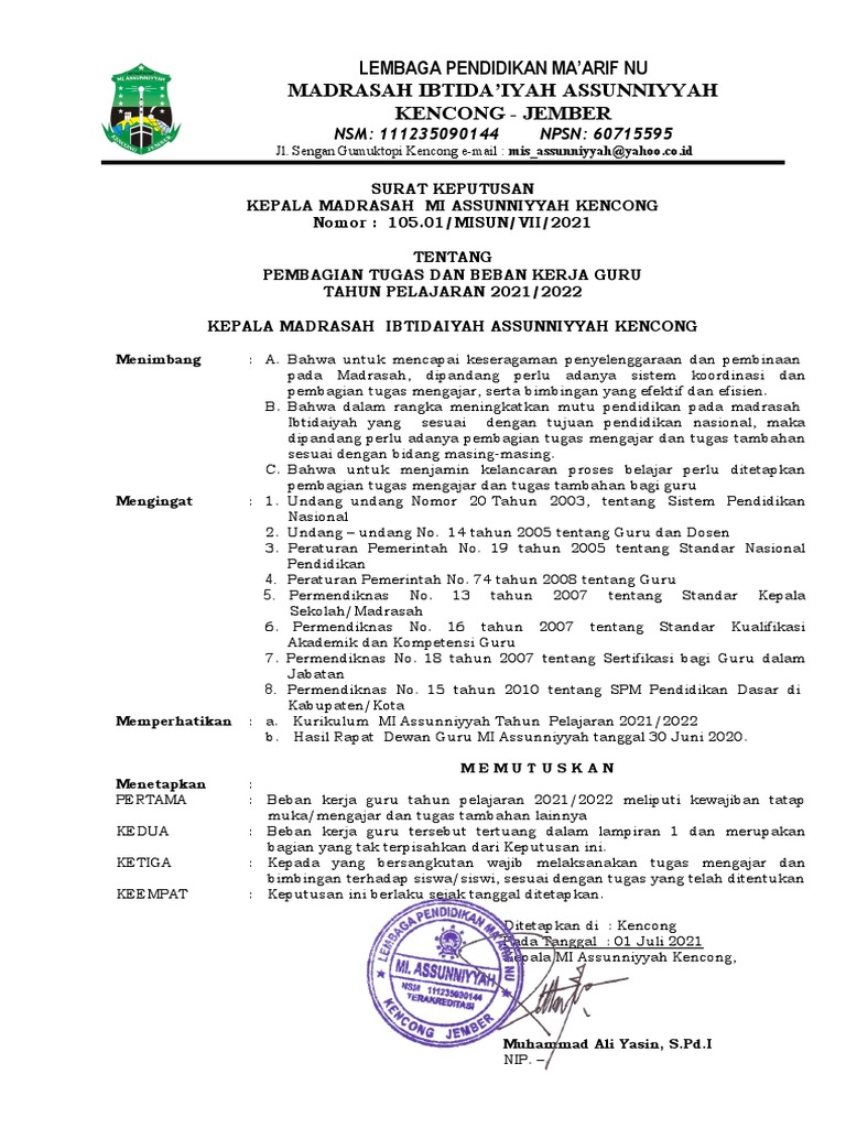 11.SK Pembagian Tugas Mengajar 2021-2022 | PDF