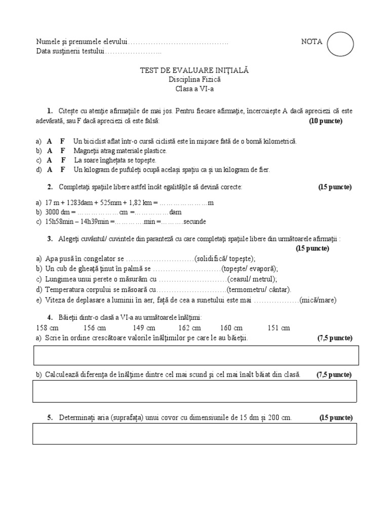 Test Initial Fizica VI | PDF