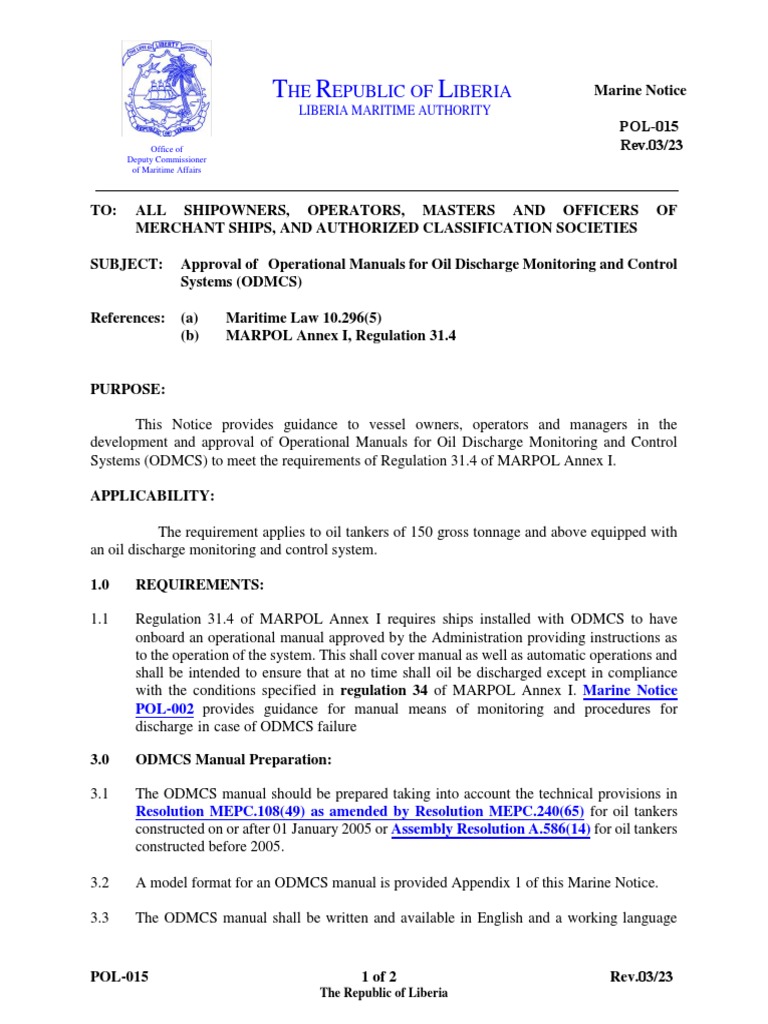 LIBERIA Marine Notice Rev.03.23 POL-015 SUBJECTApproval of Operational ...