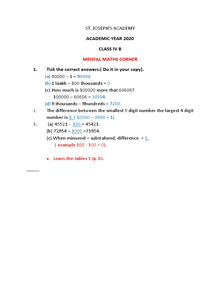 N Class IV B Mental Maths Corner (Page 48) | PDF