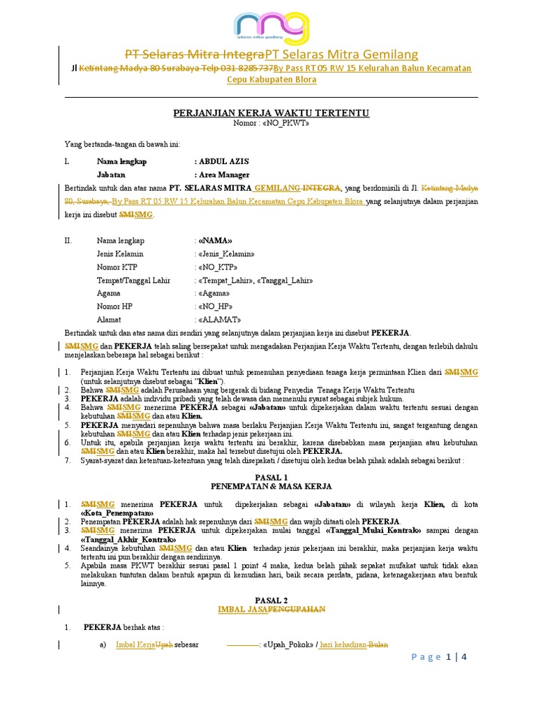 Kontrak Kerja Pkwt Pdf