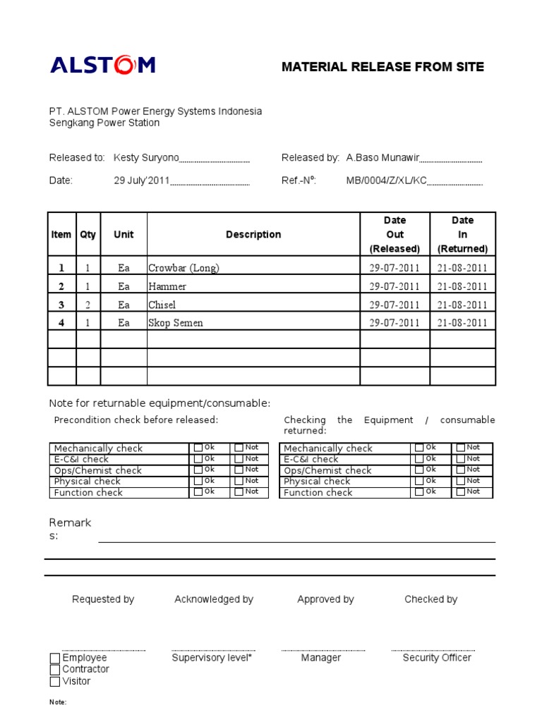 Material Release Form for Equipment | PDF