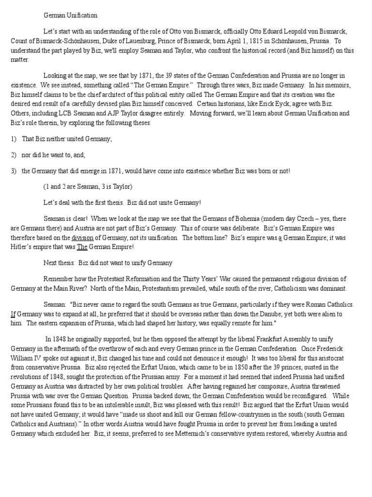Bismarck's Role in German Unification | PDF | German Empire | Kingdom ...