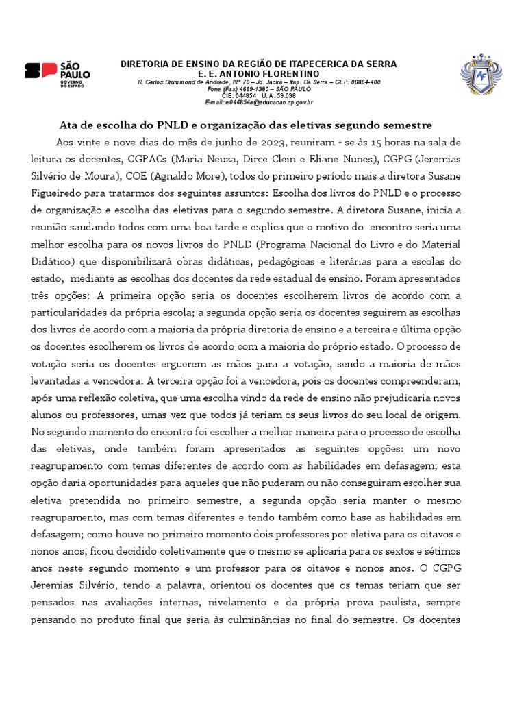 Ata de Escolha Do PNLD e Organização Eletivas Segundo Semestre | PDF