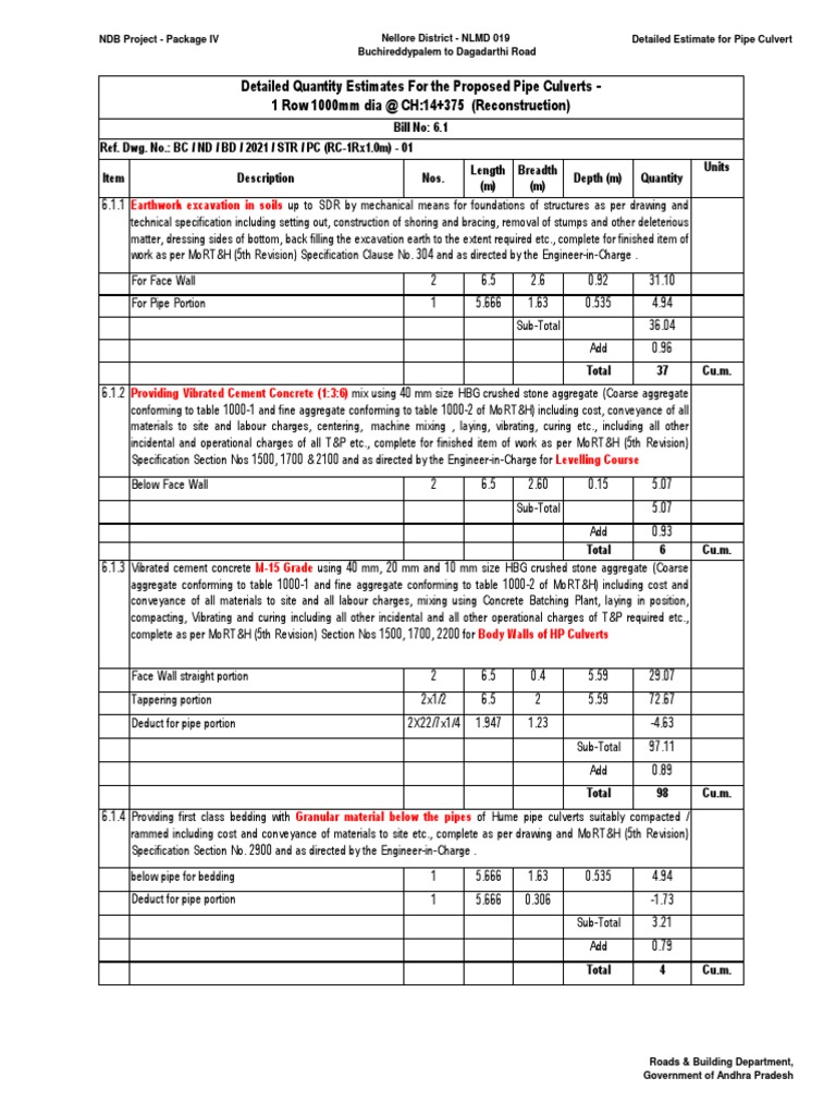 6.1 - 1 - Estimates - Pipe 1 X 1.0 M Reconstruction 14+375 Estimate | PDF