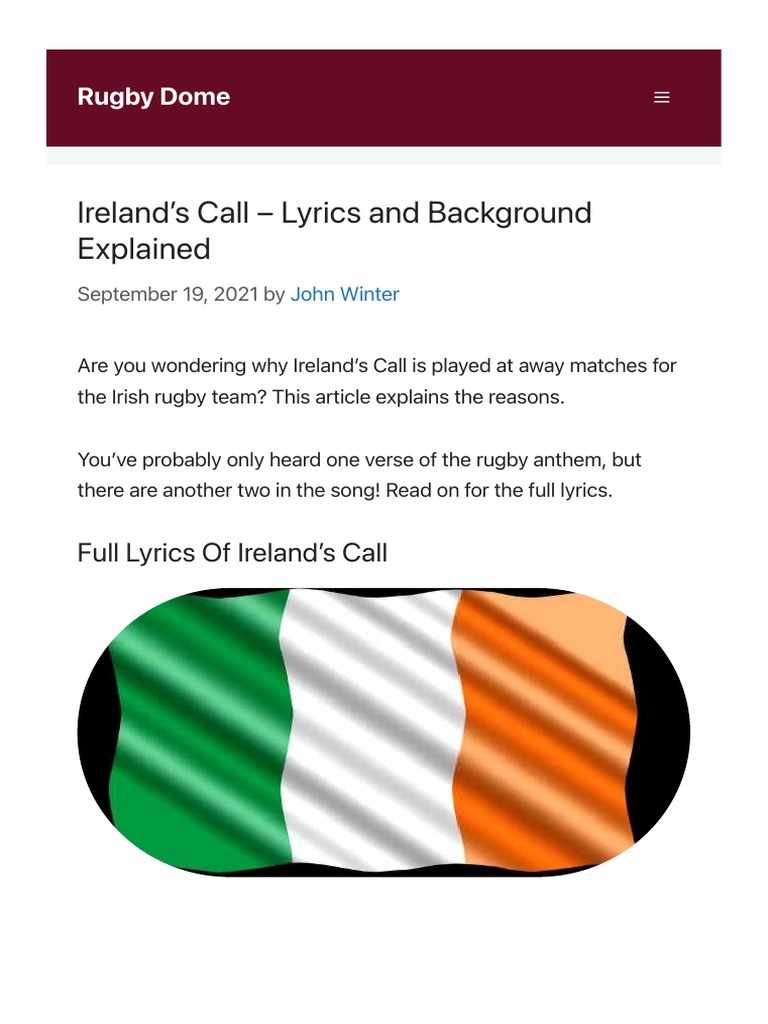 Irelands Call Lyrics And Background Explained Rugby Dome Pdf