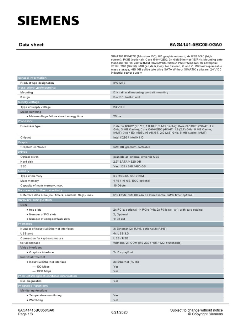 6AG41415BC050GA0 Datasheet en | PDF | Computers