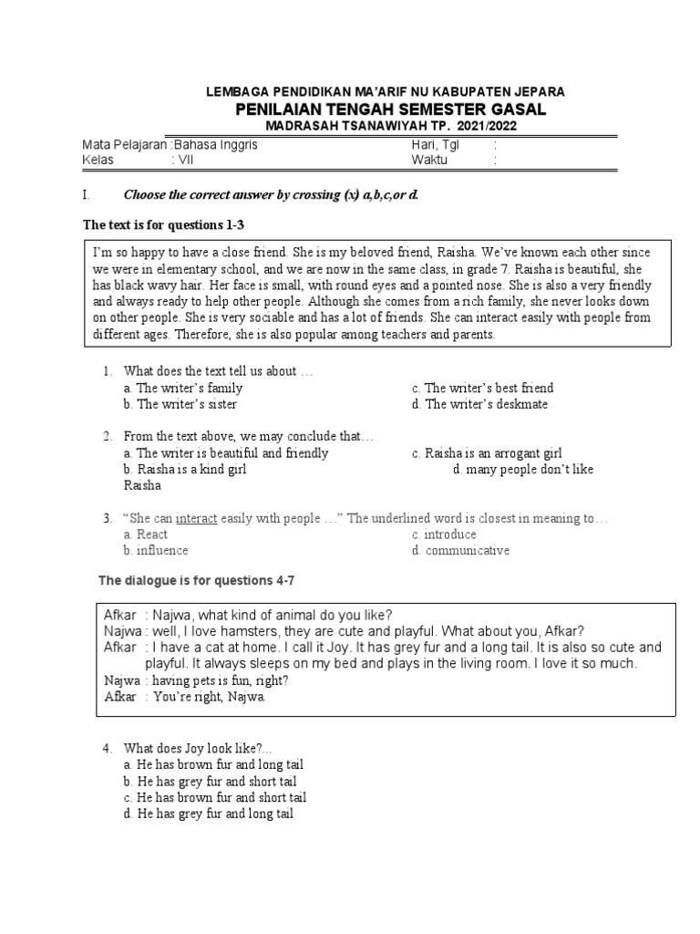 Soal PAS MTs Bahasa Inggris Kls 7 Semester Genap 2023 | PDF