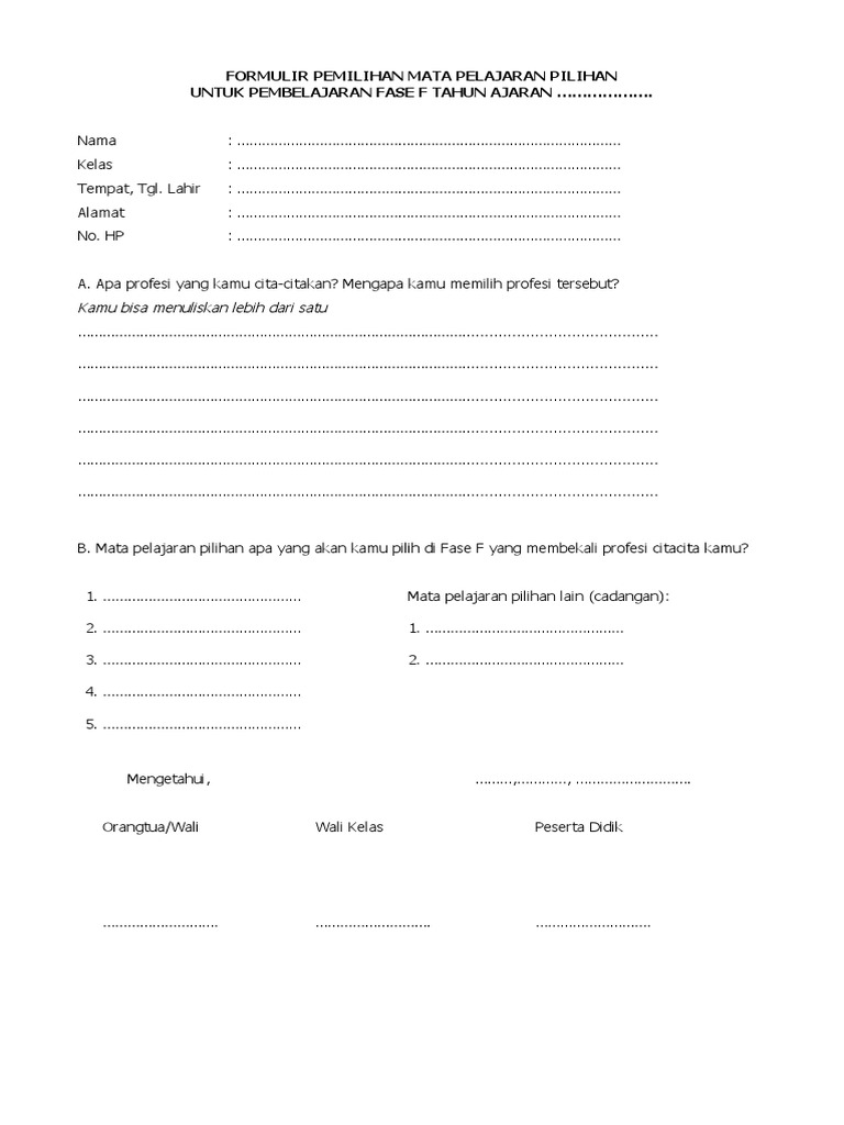 Formulir Pemilihan Mata Pelajaran Pilihan - Bkmadrasah | PDF
