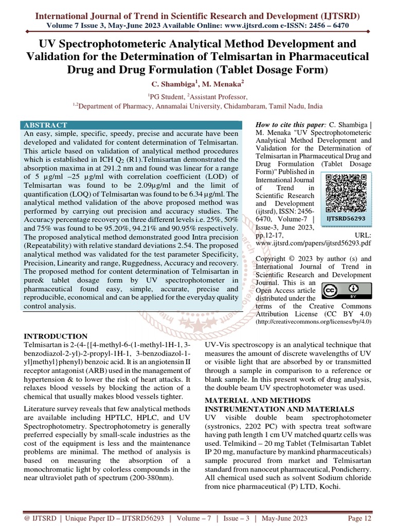 Uv Spectrophotometeric Analytical Method Development And Validation For The Determination Of