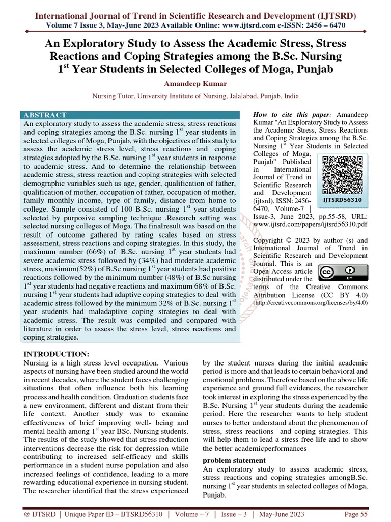An Exploratory Study To Assess The Academic Stress, Stress Reactions ...