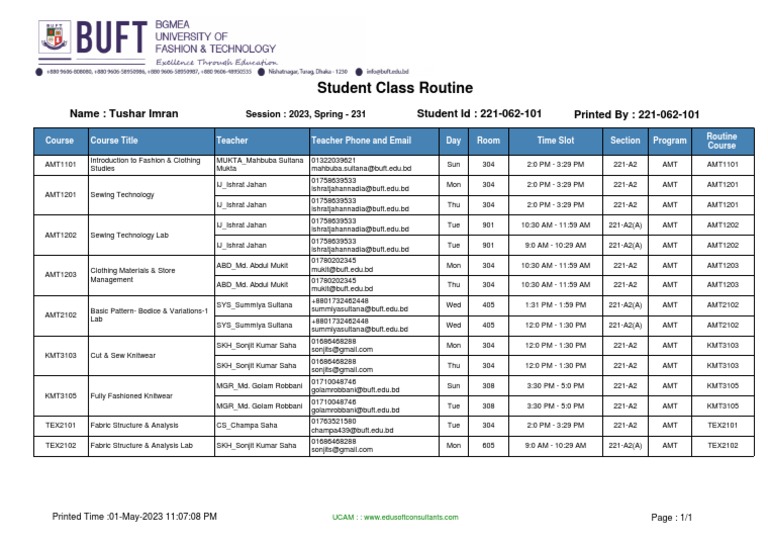 RPT Student Class Routine | PDF