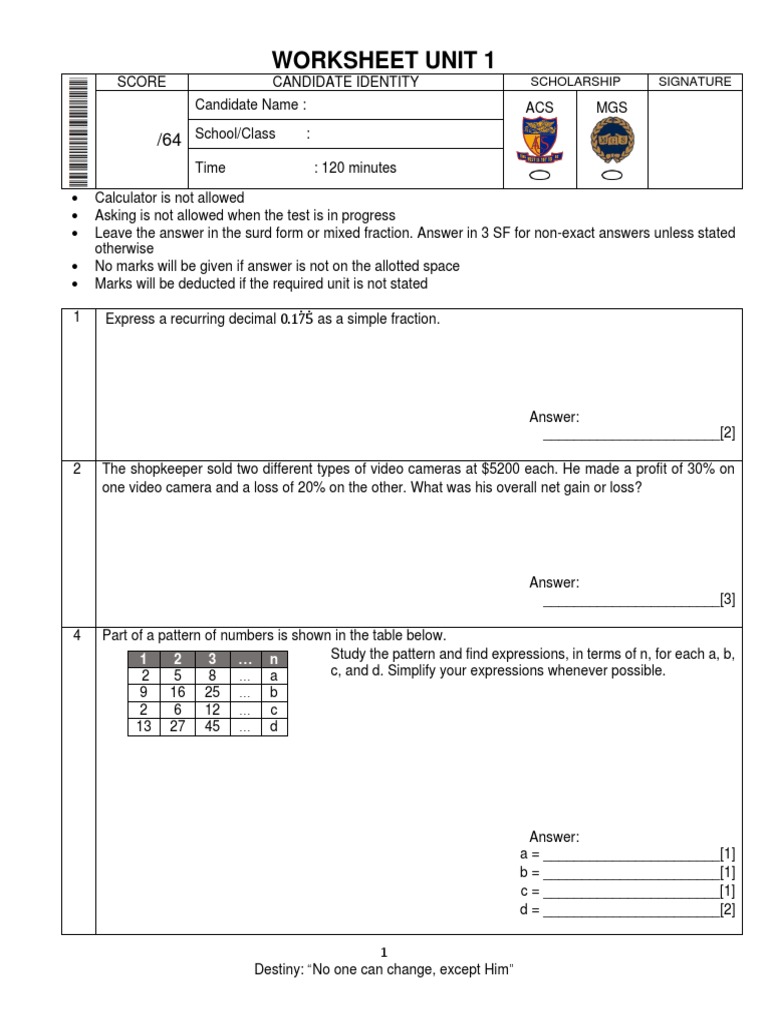 Math Worksheet Unit 1 | PDF