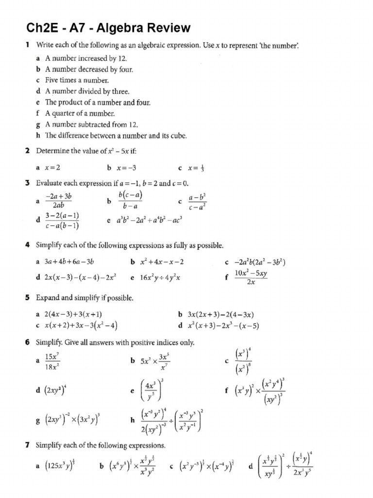 Ch2E A7 Algebra Review | PDF
